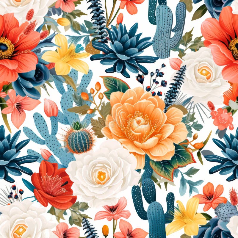 Chic Desert Flora Pattern with Cacti and Exotic Blossoms Stock Image ...