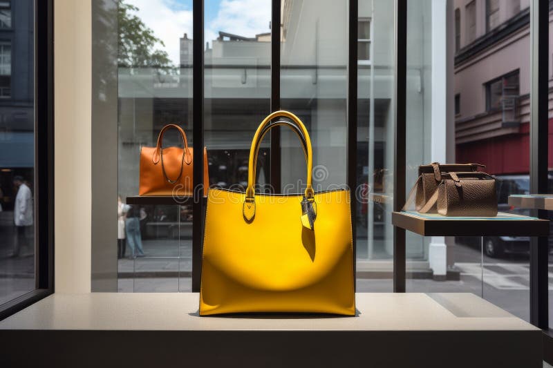 Chic Designer Handbags in Bold Colors Displayed in a Modern Storefront ...