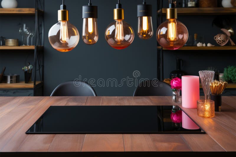 Chic Dining Table with Pendant Light Bulbs Cascading from Above Stock ...