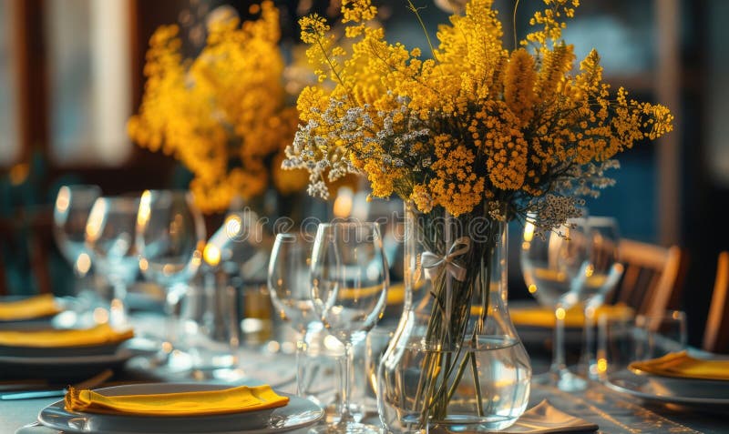 A Chic Dining Table Set for a Dinner Party, Bouquet of Yellow Flower ...