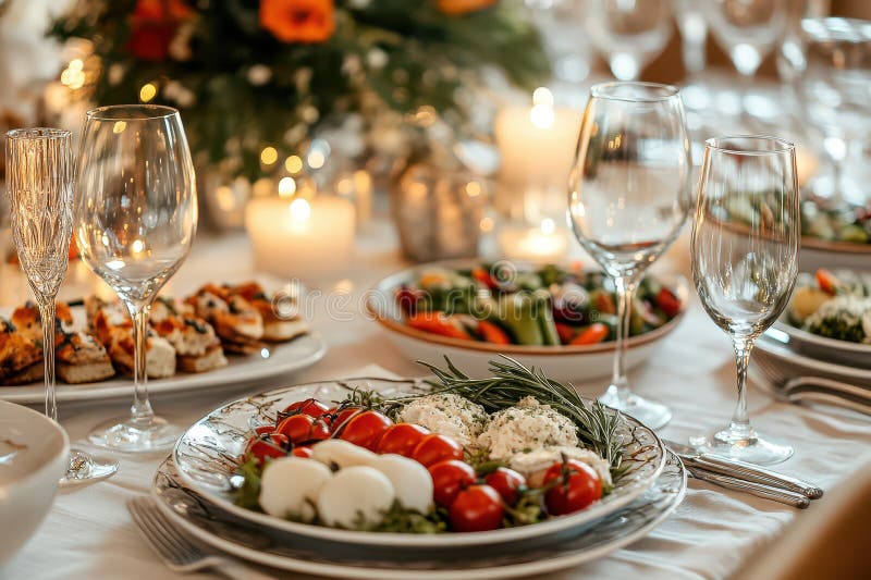 Chic Dining with Warm Light and Fresh Dishes Stock Photo - Image of ...