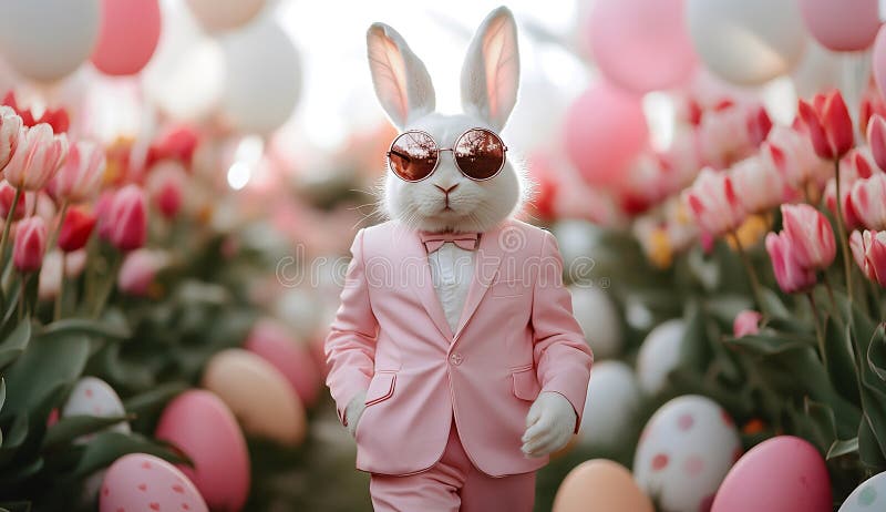 Full Shot of a Chic Easter Bunny in a Pink Suit Holding a Golden Egg ...