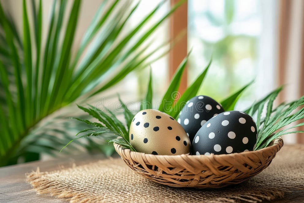 Chic Easter Egg Display in a Natural Light Environment with Greenery ...