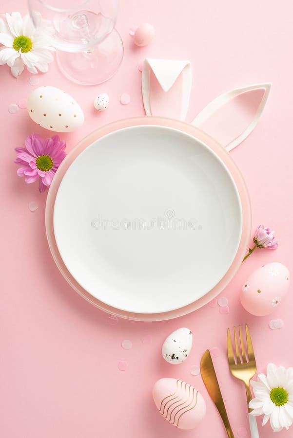 Chic Easter Table Layout Concept. Vertical Top View of Jocular Bunny ...