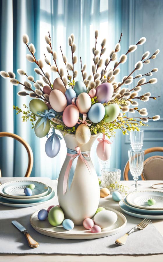 Chic Easter Table Setting with Egg and Willow Arrangement, Pastel ...