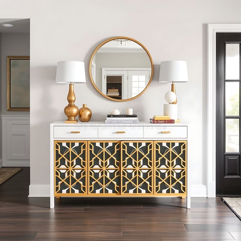 A Chic Entryway Console with Gold Accents and a Bold Geometric Pattern ...