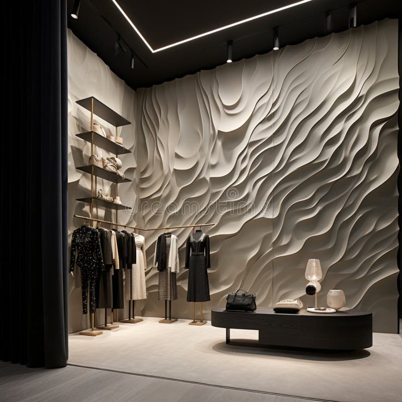 A Chic Fashion Store with a 3D Textured Wall Backdrop and Stylish Stock ...