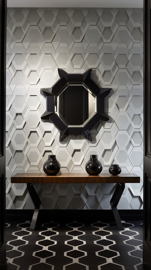 A Chic Foyer with a 3D Hexagonal Wall Pattern in Monochrome Stock ...