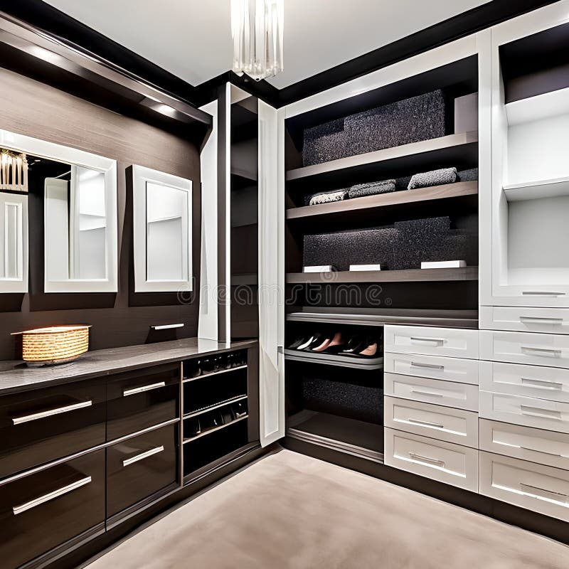 A Chic and Functional Walk-in Closet with Custom-built Shelving, a ...
