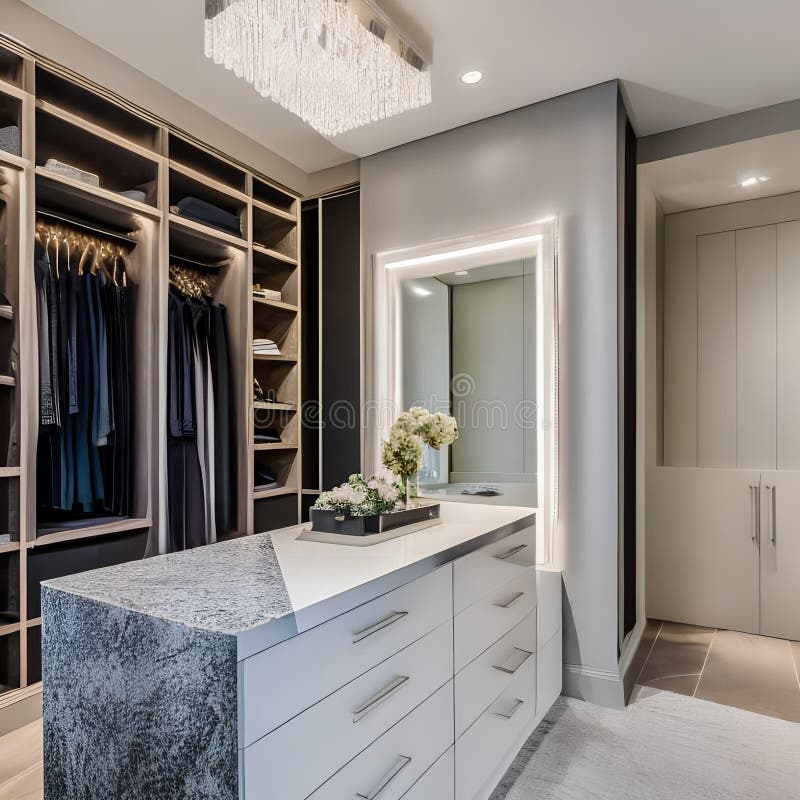 A Chic and Functional Walk-in Closet with Custom Shelving, a Vanity ...
