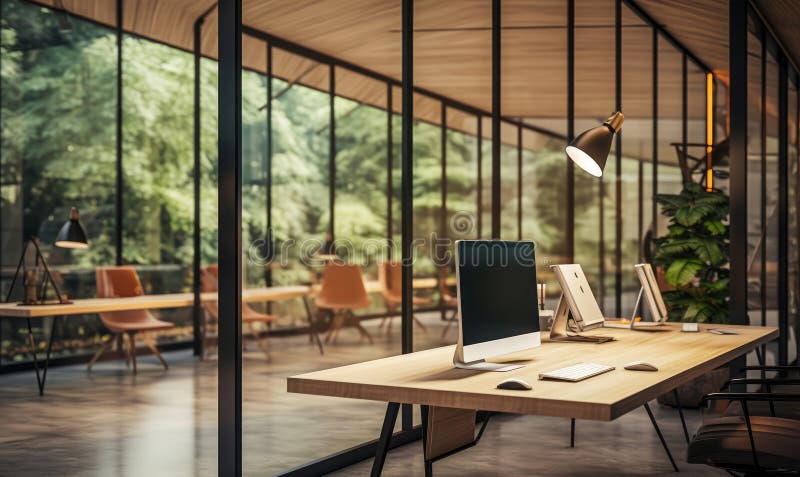 Chic Glass Office Interior with Sleek PC Desktop and Expansive ...