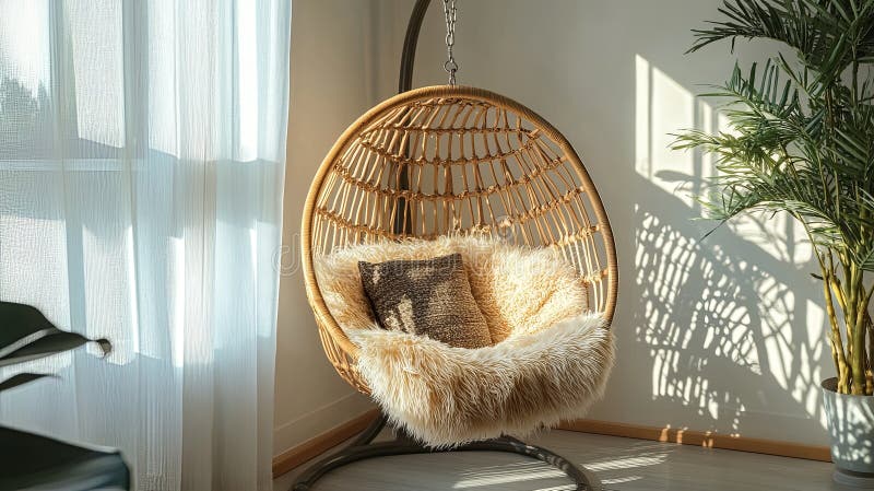 A Chic Hanging Egg Chair with a Fluffy Cushion, Placed in a Sunlit ...