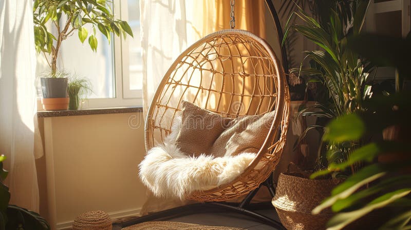 A Chic Hanging Egg Chair with a Fluffy Cushion, Placed in a Sunlit ...