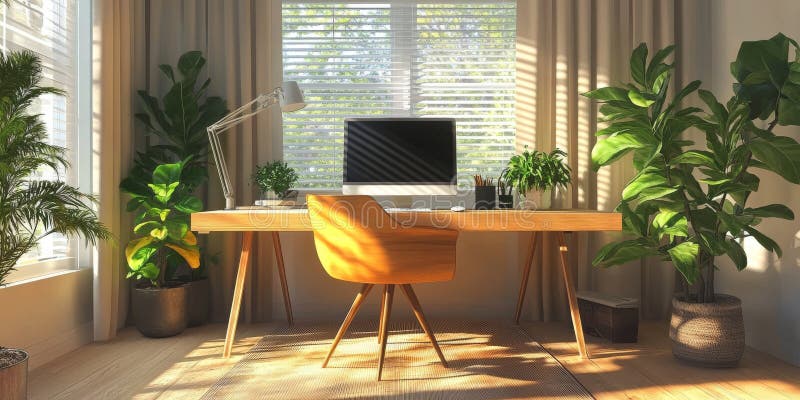 A Chic Home Office with a Desk Surrounded by Lush Plants in a Bright ...