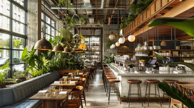 Chic Hotel Bistro Featuring Urban Garden and Communal Tables Stock ...