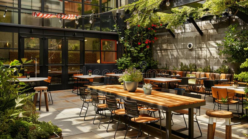 Chic Hotel Bistro Featuring Urban Garden and Communal Tables Stock ...