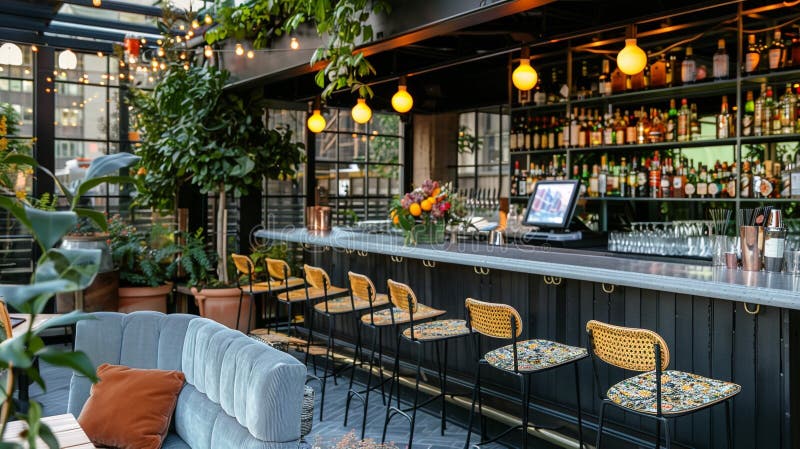Chic Hotel Brasserie Featuring Botanical Decor and Rooftop Garden Stock ...