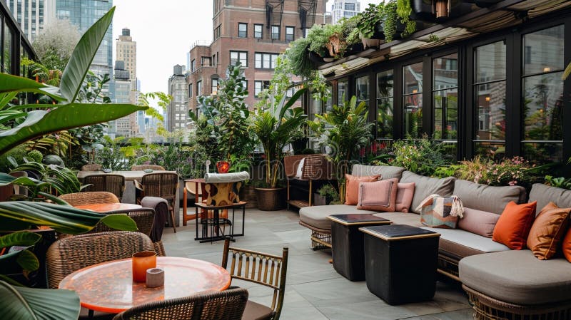 Chic Hotel Brasserie Featuring Botanical Decor and Rooftop Garden Stock ...