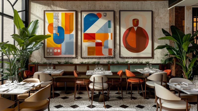 Chic Hotel Dining Area Featuring Modernist Paintings and Geometric ...