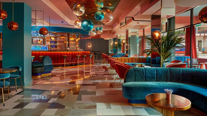 Chic Hotel Disco Featuring Retro Decor and Lively Dance Floor Stock ...