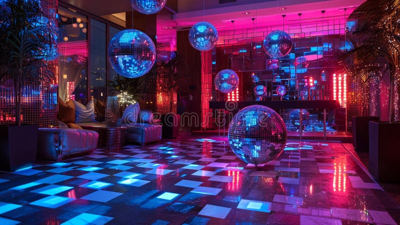 Chic Hotel Disco Featuring Retro Theme with Mirrored Ball and Dance ...