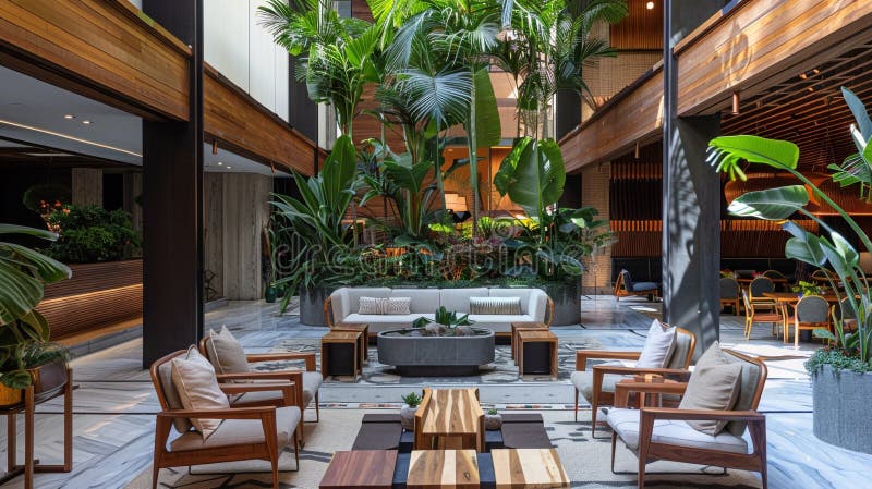 Chic Hotel Lobby Features Rooftop Garden with Panoramic Views and ...