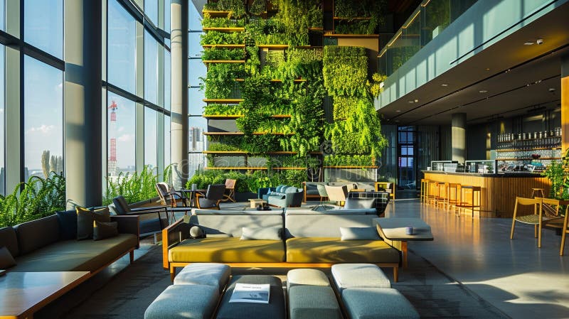Chic Hotel Lobby Featuring Rooftop Garden with Panoramic Views and ...