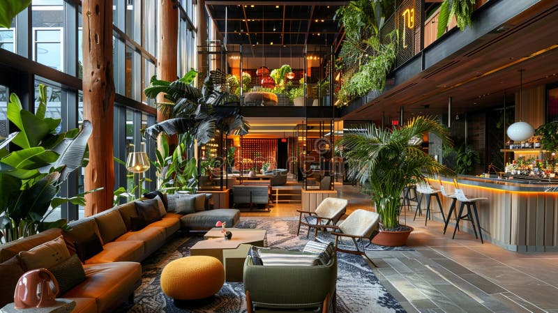 Chic Hotel Lobby Featuring Rooftop Garden with Panoramic Views and ...