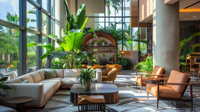 Chic Hotel Lobby Featuring Rooftop Garden with Panoramic Views and ...
