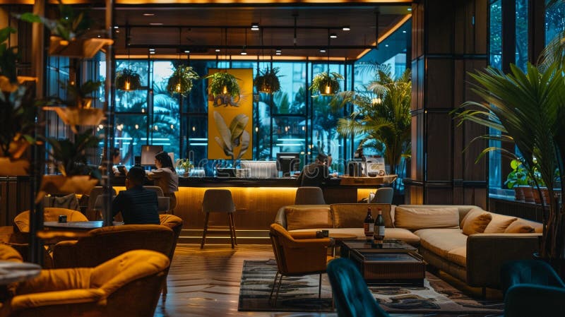 Chic Hotel Lounge Featuring Plush Sofas and Soft Lighting Stock ...