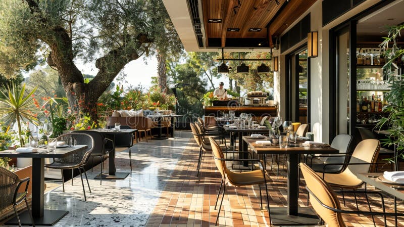 Chic Hotel Restaurant Featuring Al Fresco Dining on Panoramic Terrace ...