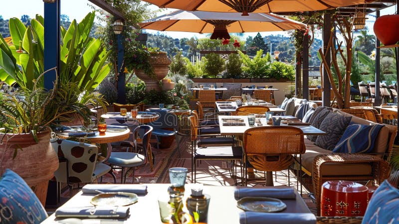 Chic Hotel Restaurant Featuring Al Fresco Dining on Panoramic Terrace ...