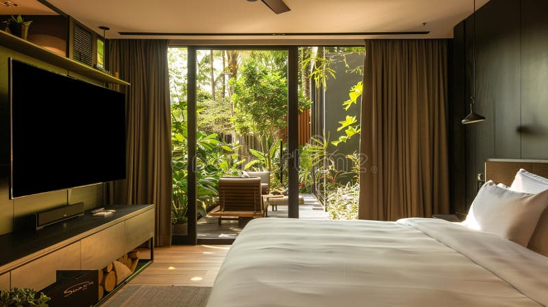 Chic Hotel Room Features Minimalist Design with City Skyline View Stock ...