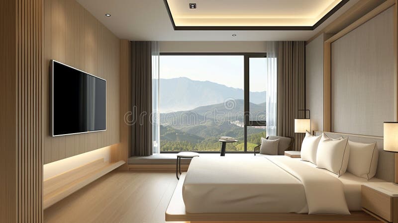 Chic Hotel Room Features Minimalist Design with City Skyline View Stock ...