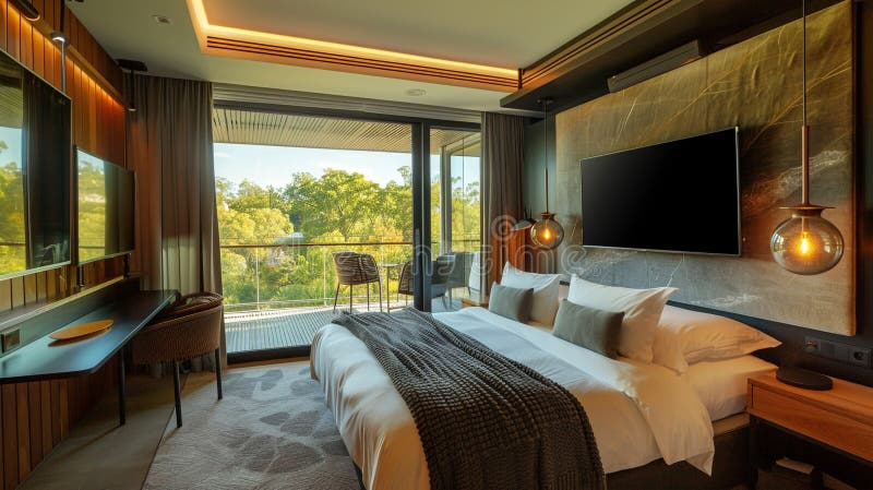 Chic Hotel Room Features Modern Design with City View Stock ...