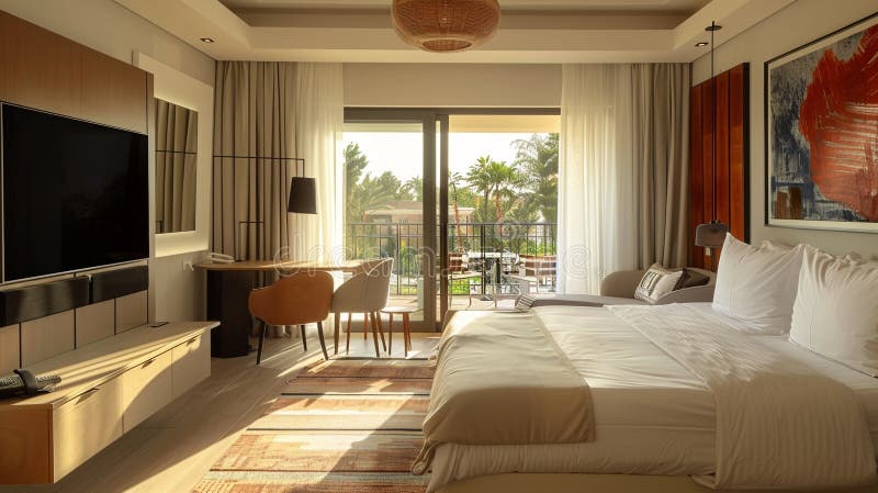 Chic Hotel Room Features Modern Design with City View Stock ...