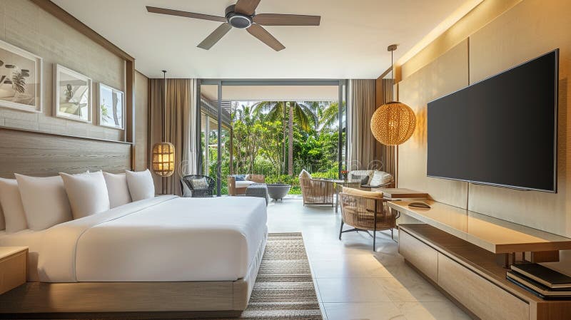 Chic Hotel Room Featuring Minimalist Design with City Skyline View ...