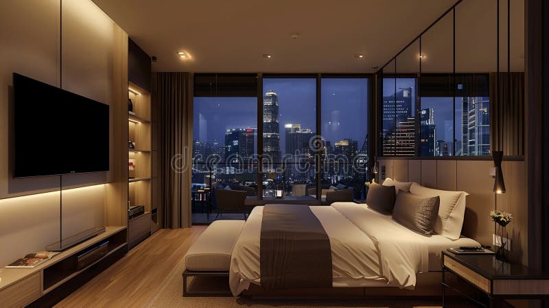 Chic Hotel Room Featuring Minimalist Design with City Skyline View ...