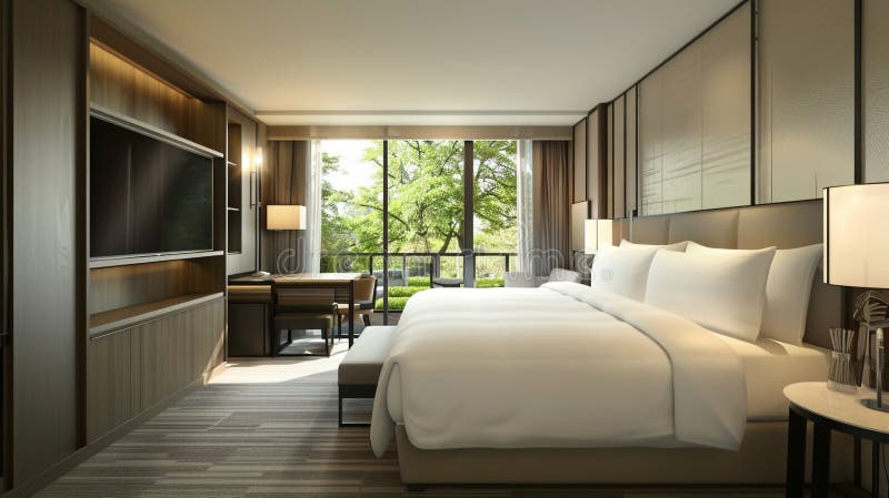 Chic Hotel Room Featuring Modern Design with City View Stock ...