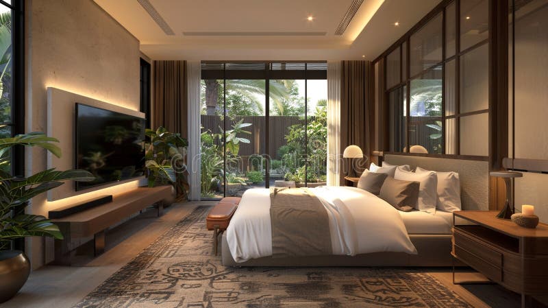 Chic Hotel Room Featuring Modern Design with City View Stock ...
