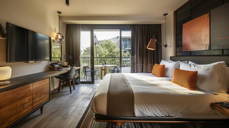 Chic Hotel Room Featuring Modern Design with City View Stock ...