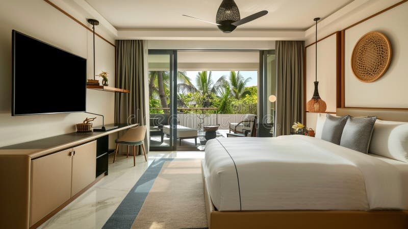 Chic Hotel Room Featuring Modern Design with City View Stock ...