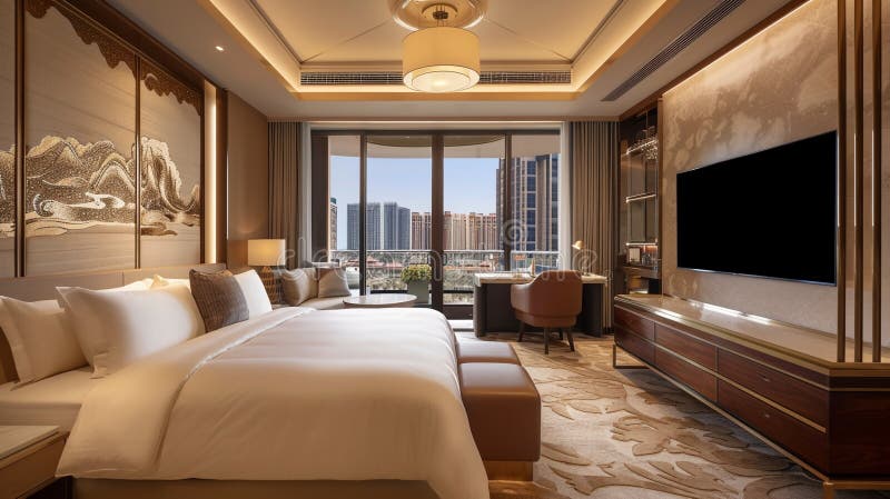 Chic Hotel Room Featuring Modern Design with City View Stock ...