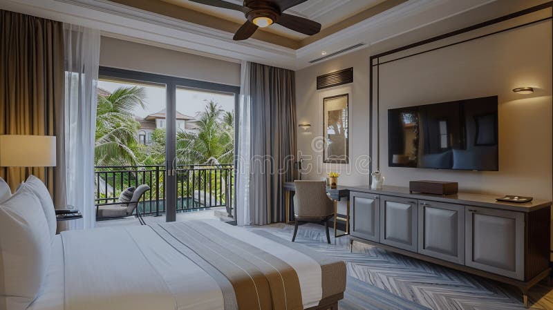 Chic Hotel Room Featuring Modern Design with City View Stock ...