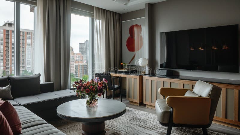 Chic Hotel Room Showcases Modern Design with City View Stock ...