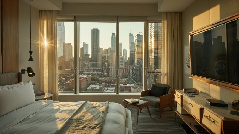 Chic Hotel Room Showcasing Minimalist Design with Skyline View Stock ...