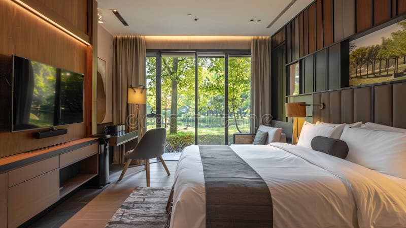 Chic Hotel Room Showcasing Modern Design with City View Stock ...