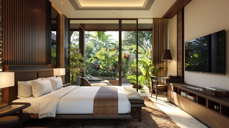 Chic Hotel Room Showcasing Modern Design with City View Stock ...