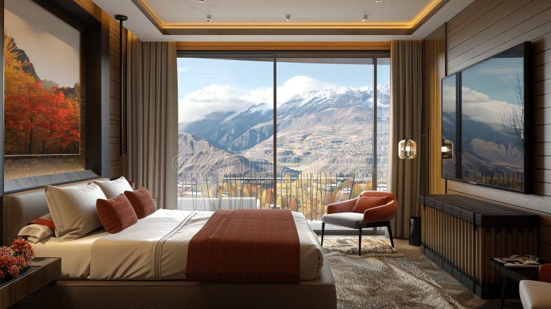 Chic Hotel Room Showcasing Modern Design with City View Stock ...