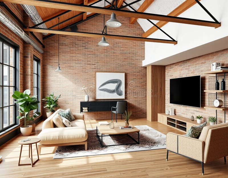 Chic Industrial Loft Living Room â€“ AI-Generated 3D Render of Urban ...